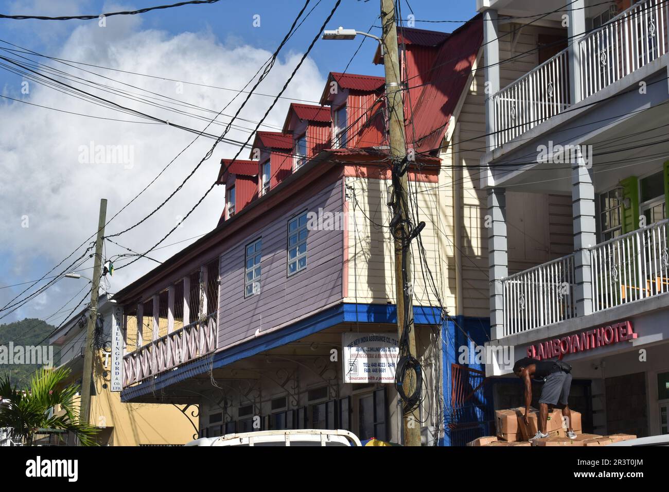 A street view of buildings in Roseau, the capital of the Caribbean ...