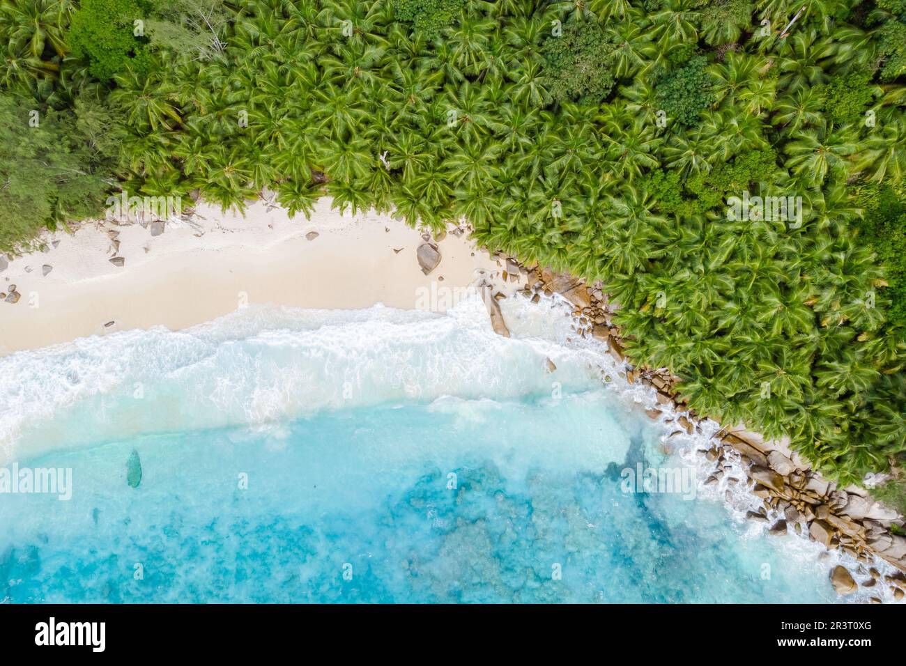 Drone view from above at a tropical beach in the Seychelles Stock Photo ...