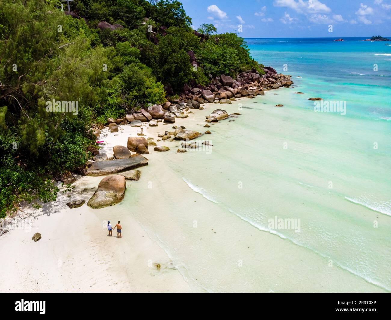 Drone view from above at Anse Lazio beach Praslin Island Seychelles ...