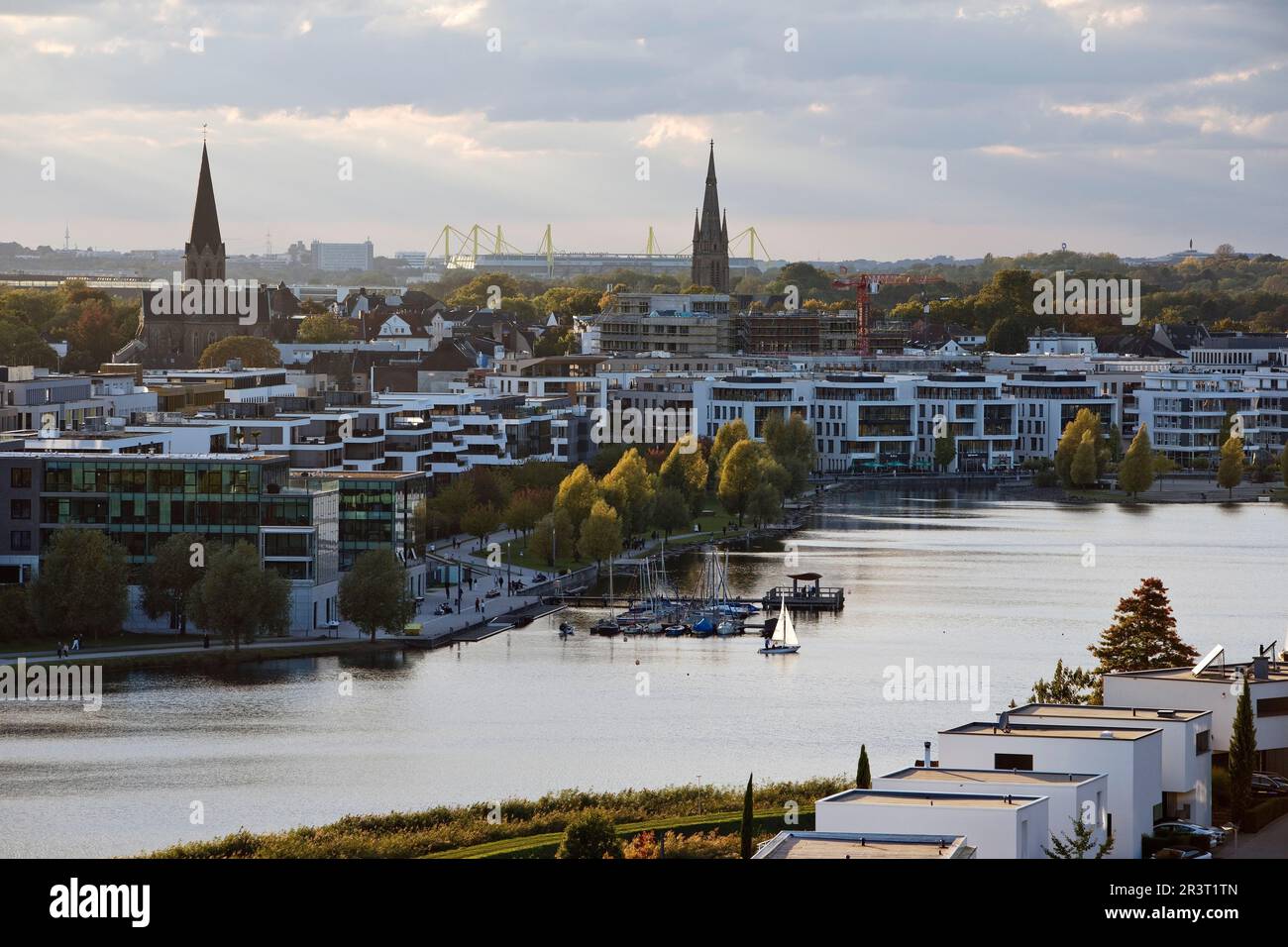 Phoenix See with the city silhette, Dortmund, Ruhr area, North Rhine ...