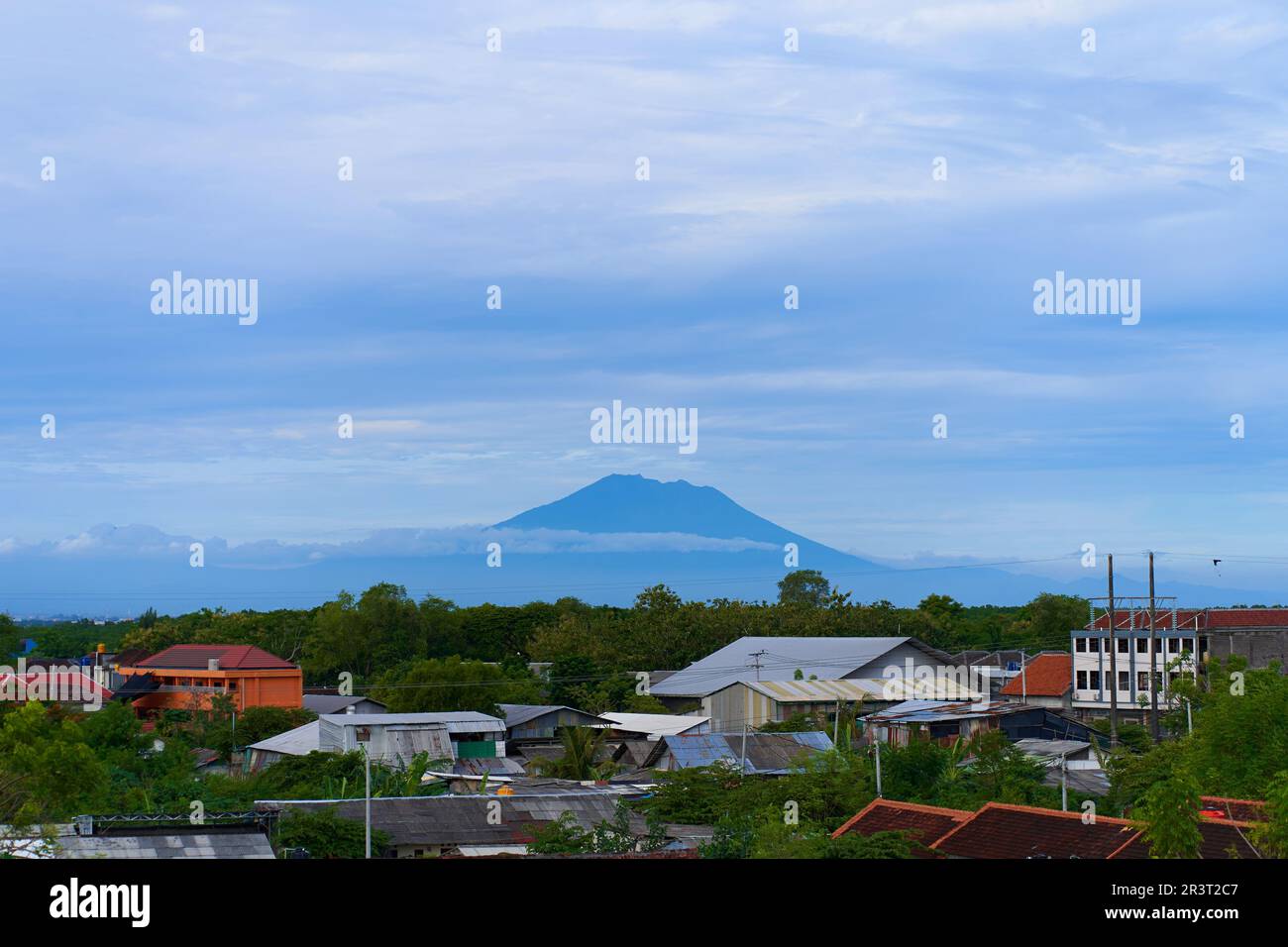 Landscape views of the majestic volcano Agung over the rooftops of the ...