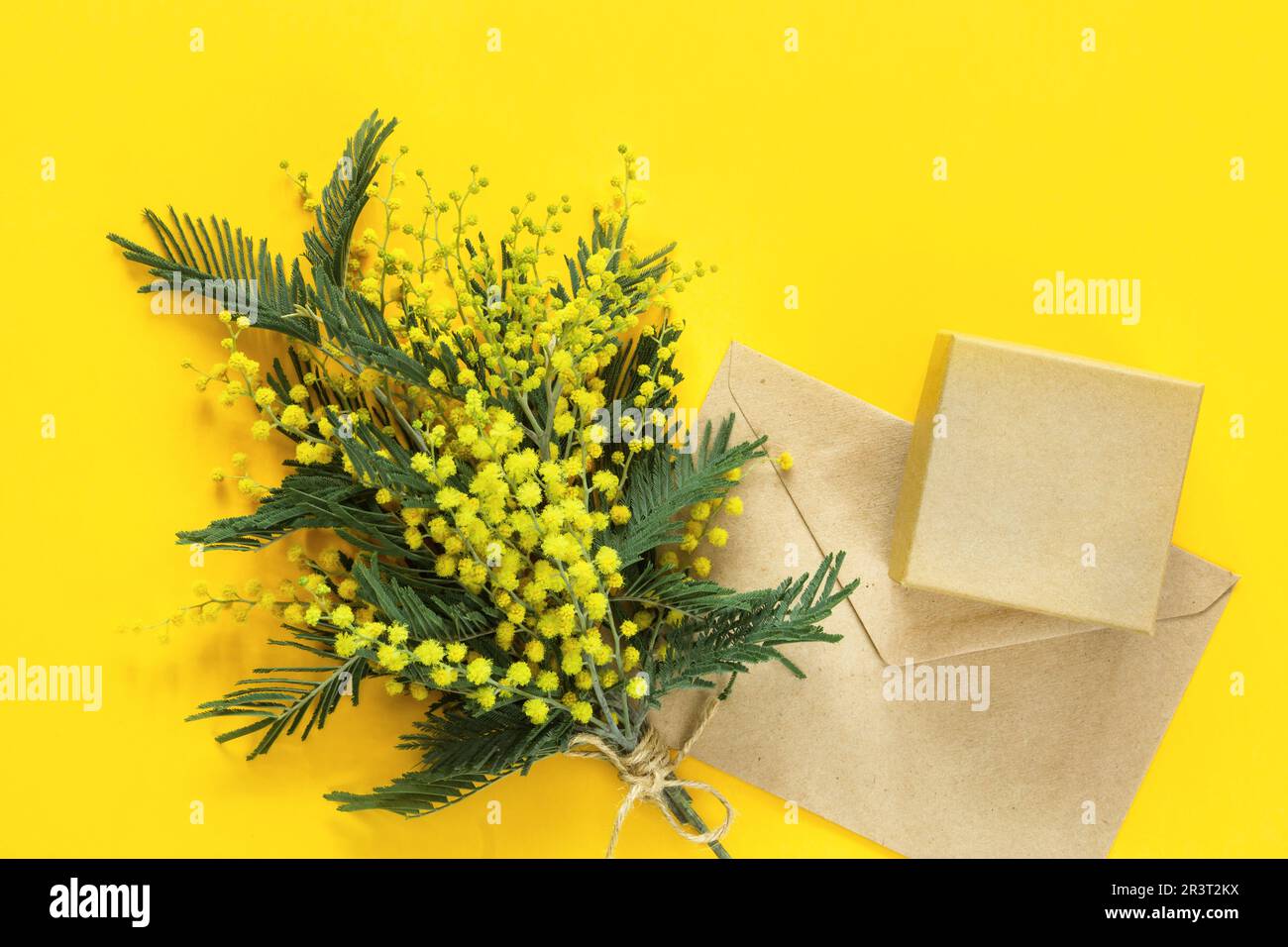 A yellow bouquet of mimosa and a gift box and a kraft paper bag ...