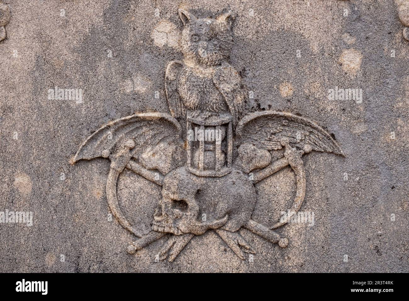 All symbols of death, owl, hourglass, night bird, skull bat and sickle ...