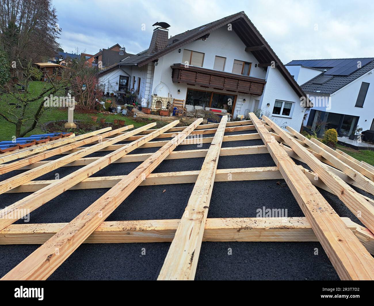 Battening and counter-battening on the roof of a garden house Stock ...