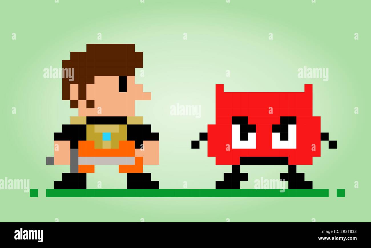 8-bit pixels human and monsters. Game character in vector illustration ...