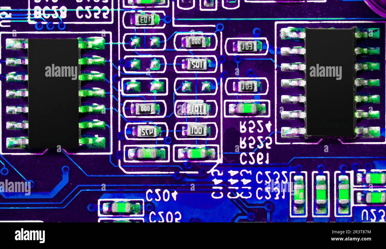 Close up of components and microchips on PC circuit board Stock Photo ...