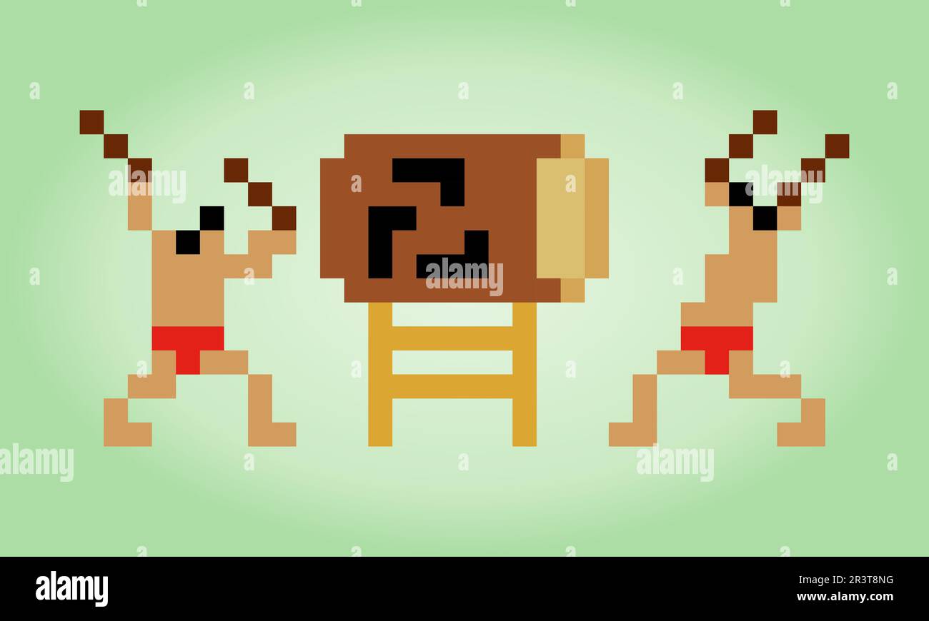 8 bit pixel japanese drummer. Sumo for game assets and cross stitch ...