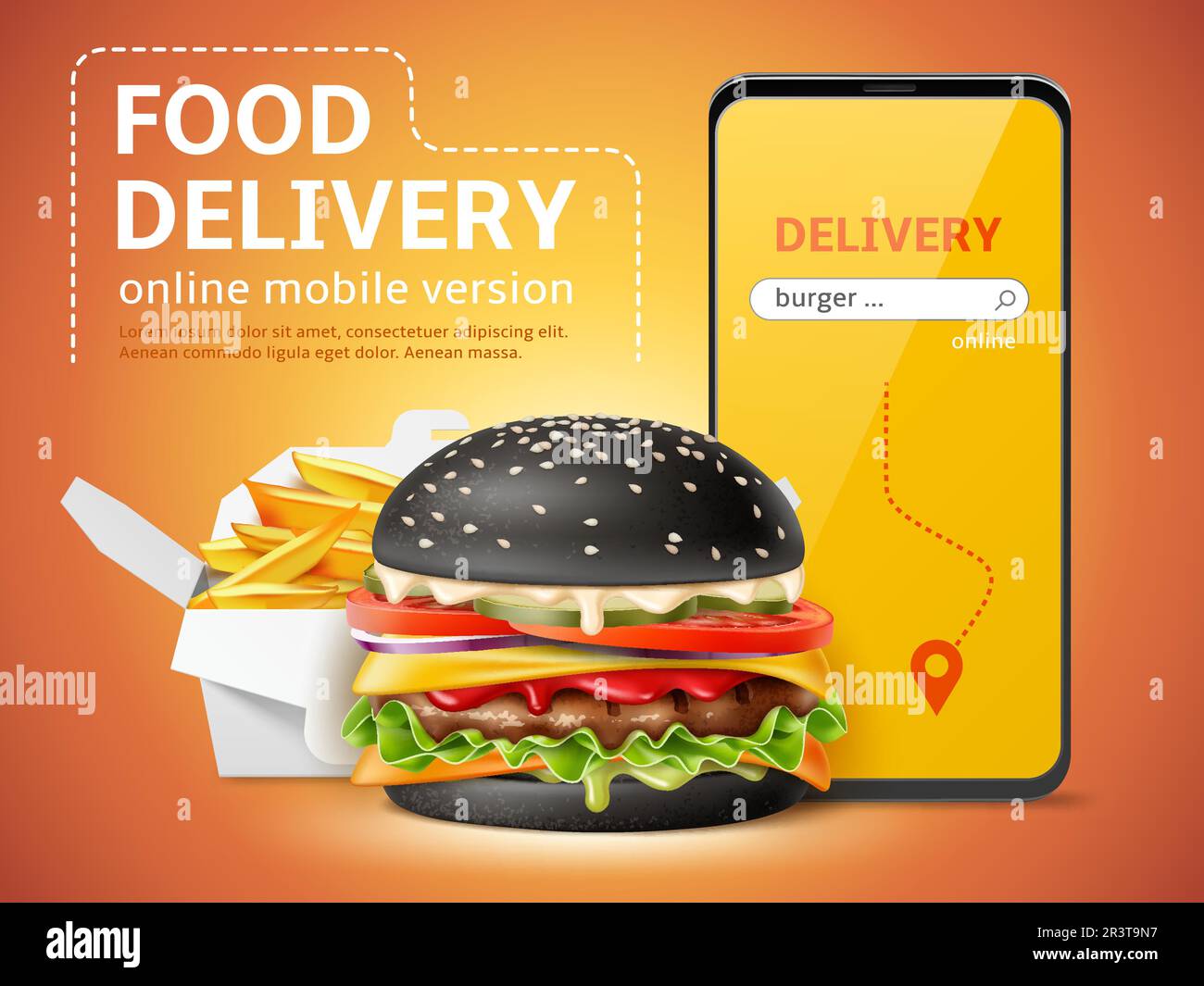 Fast food order app. Realistic hamburger with black sesame bun, french ...