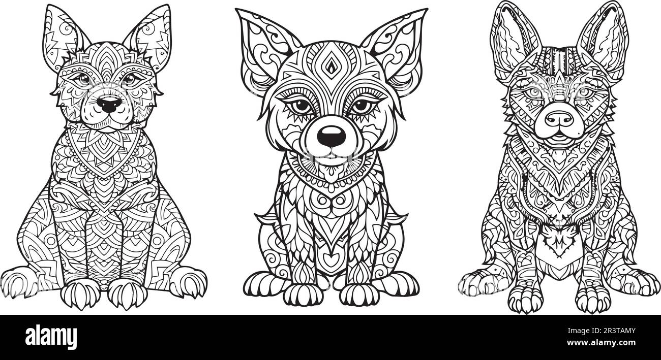 Three dogs with different patterns on them sit side by side coloring ...