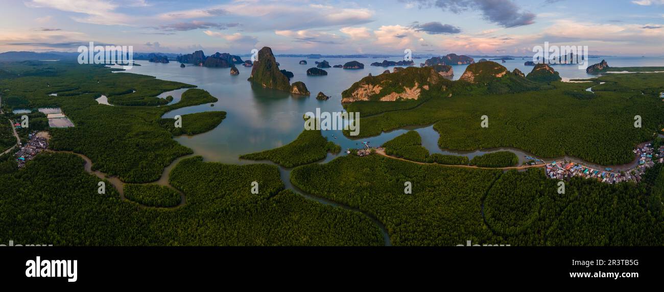Panoramic view of Sametnangshe, view of mountains in Phangnga bay with ...