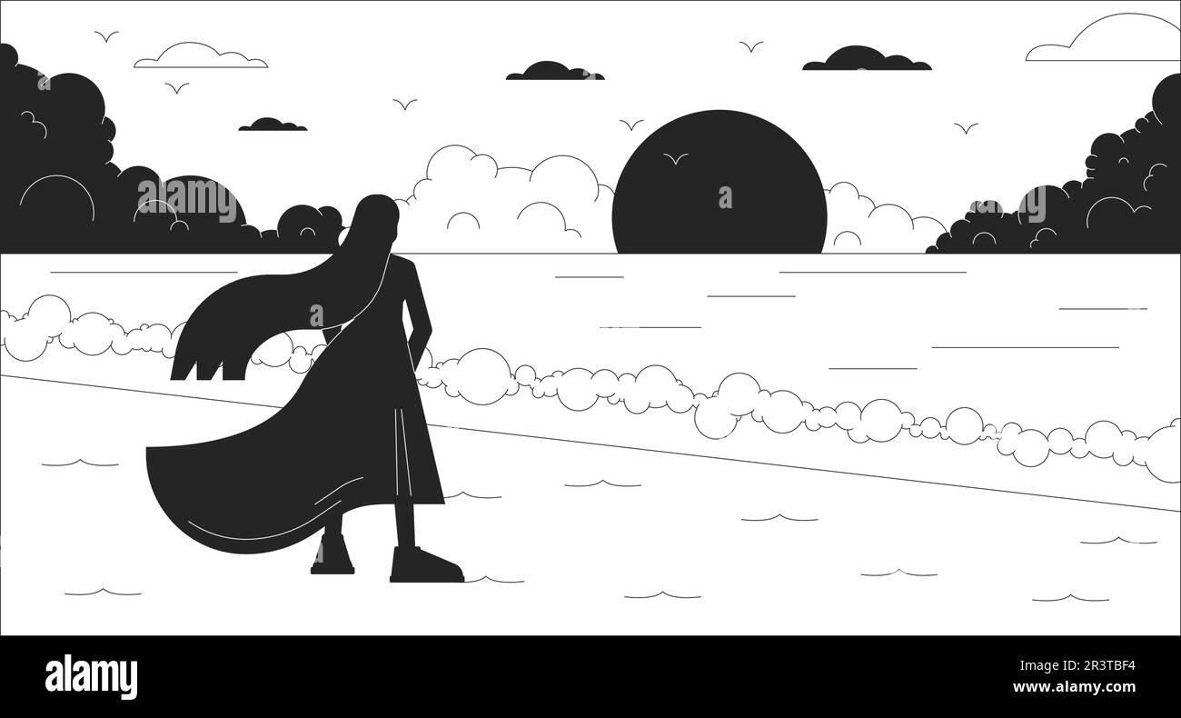 Sad woman on beach enjoying sunset black and white lo fi chill ...