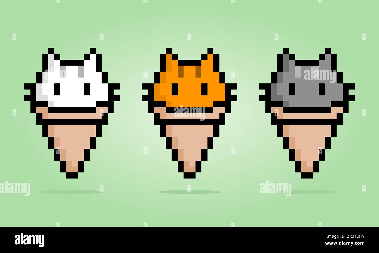 8 bit pixel of cat on cone ice cream. Animal for game assets and cross ...