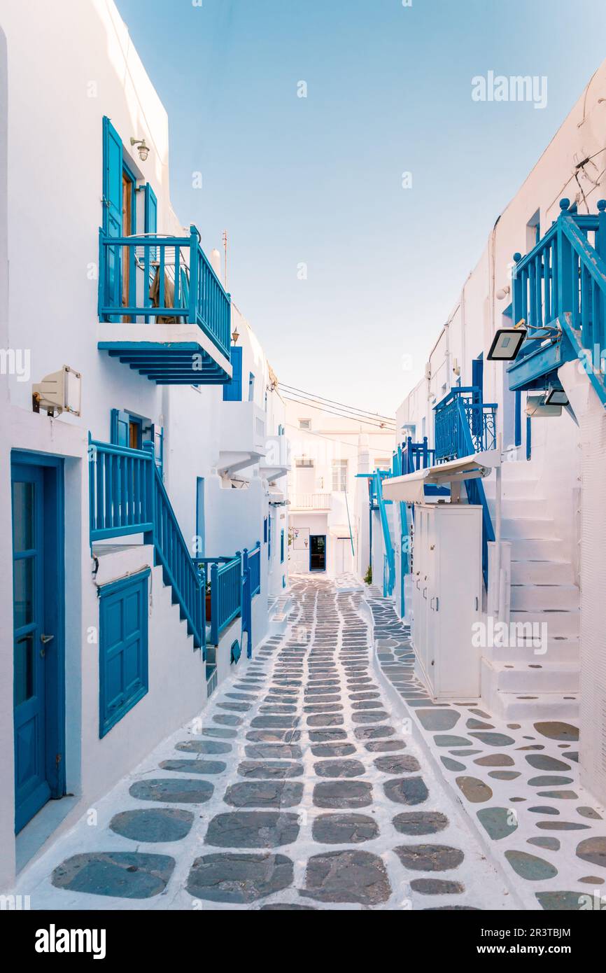 Empty street of Mykonos Greek village in Greece, colorful streets of ...