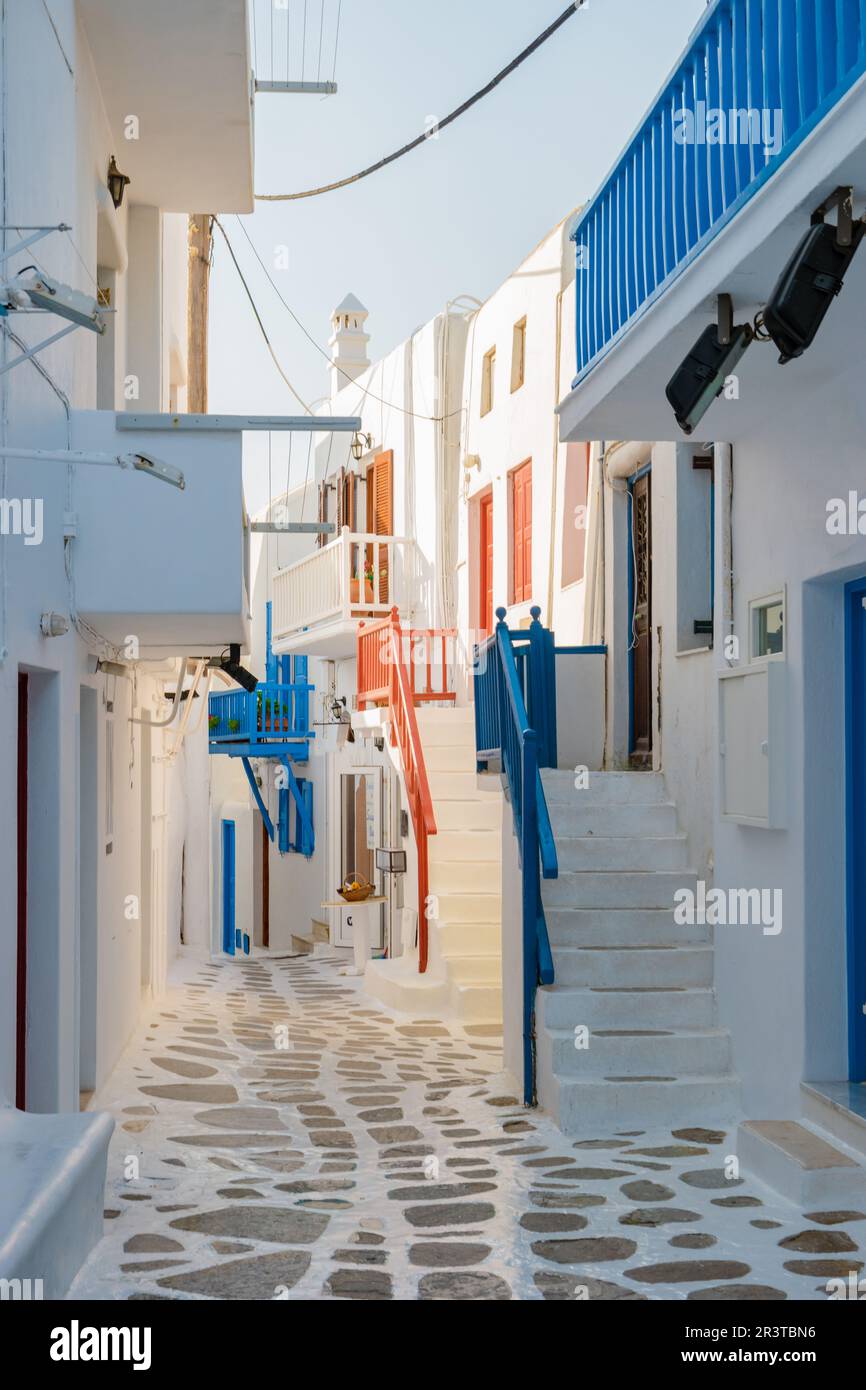 Empty street of Mykonos Greek village in Greece, colorful streets of ...