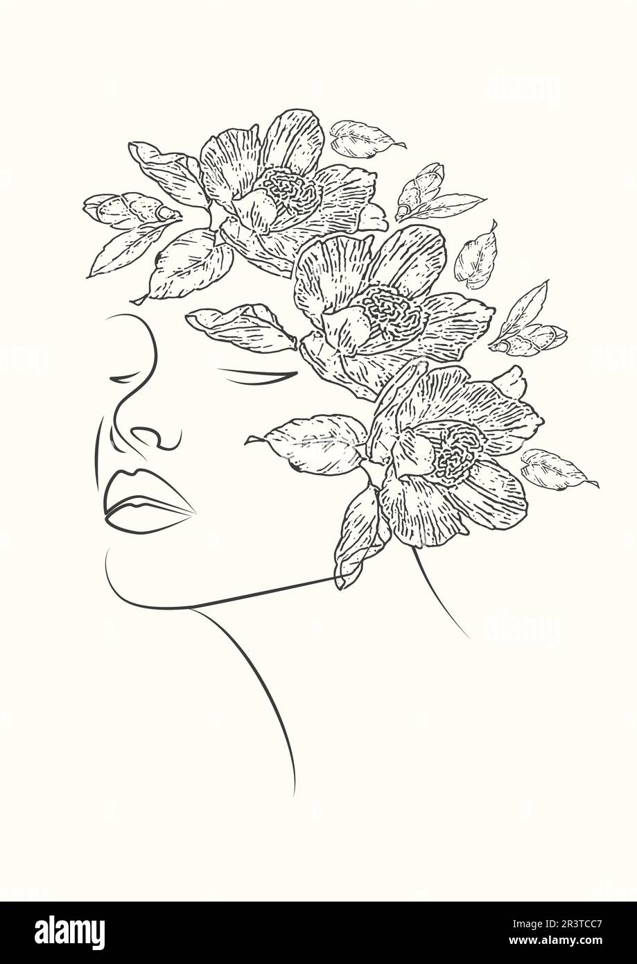 Line art woman drawing with peony wreath - beautiful female portrait. T ...