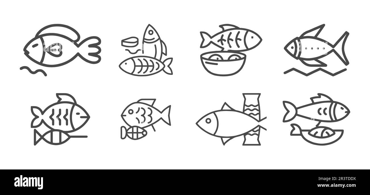 Collection of vector fish icons on white background. Set of 8 minimal ...