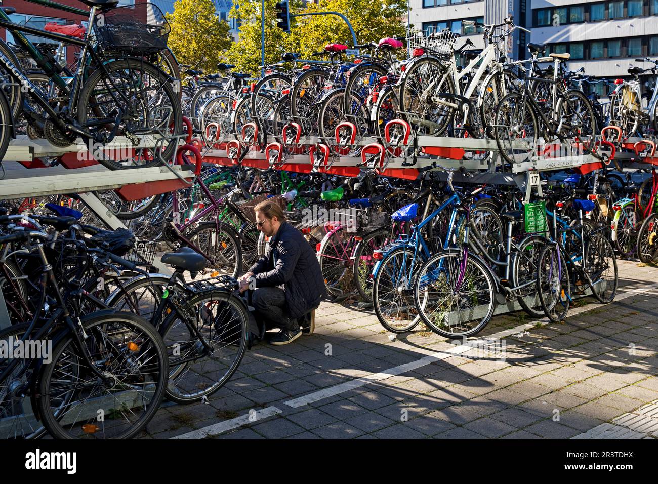 Very many bicycles at the parking spaces of the bike station, Muenster ...
