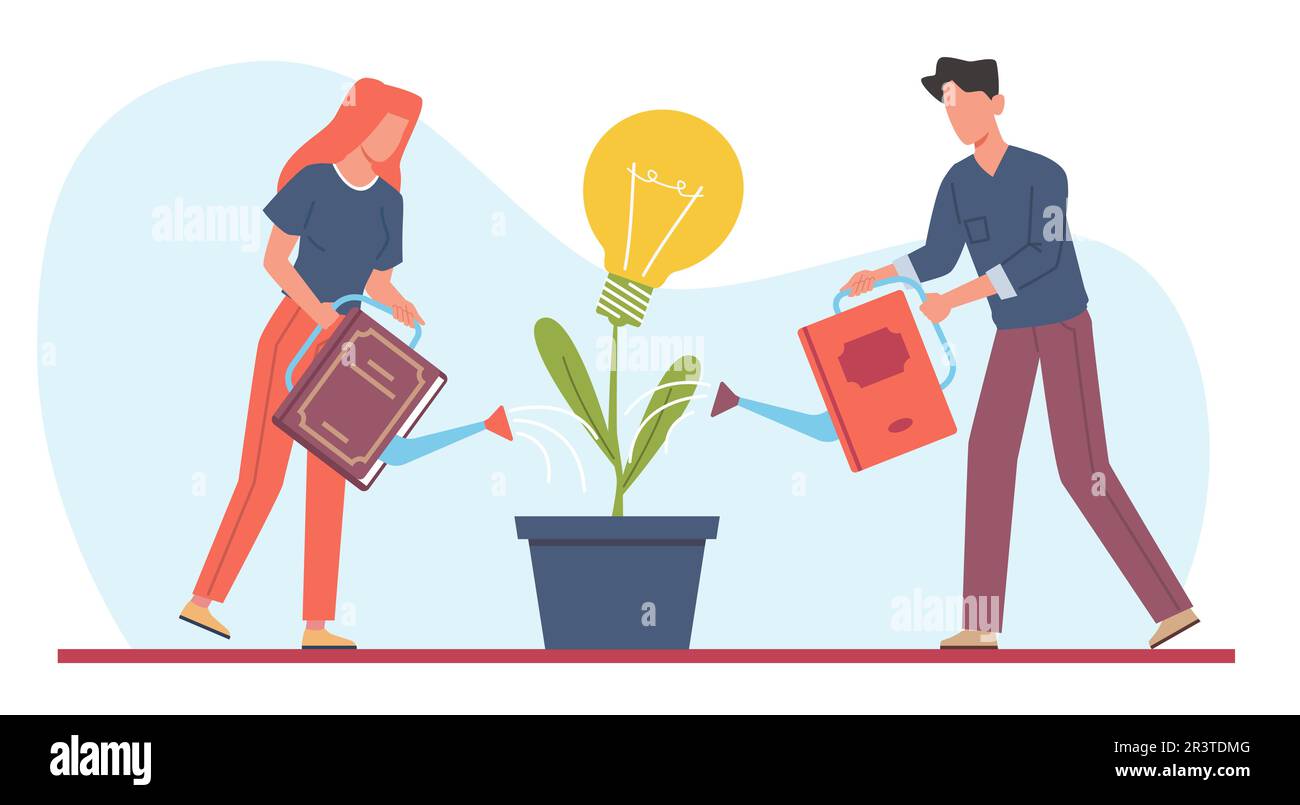 Growing creating idea, people water lightbulb with knowledge from books ...