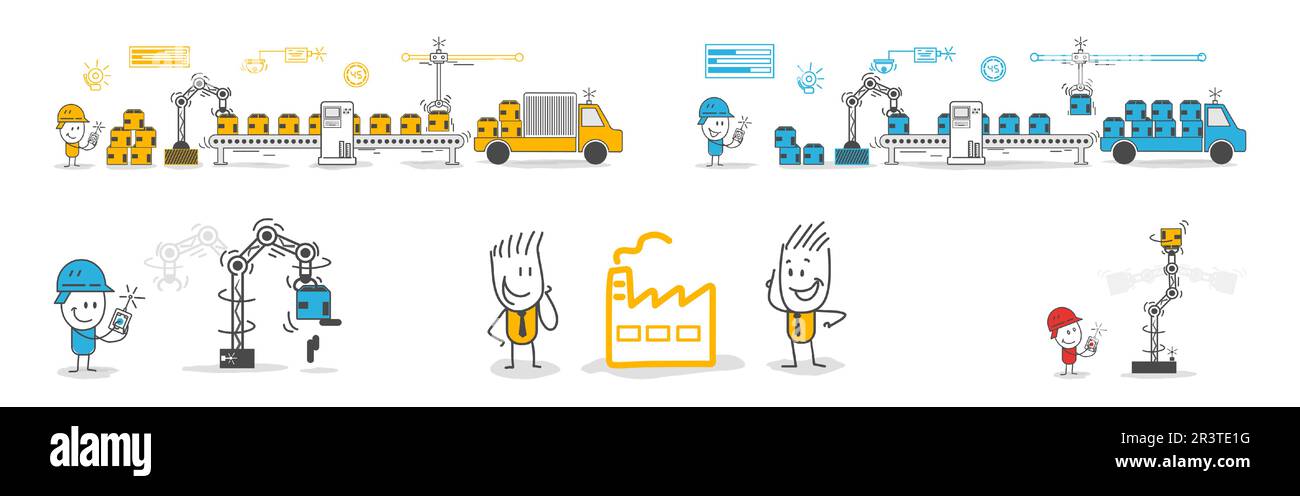 Stick figures. Two businessmen looking at the factory and sharing their ...