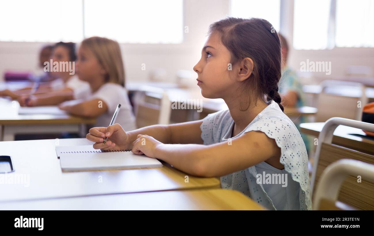 School girl working at lesson in classroom Stock Photo - Alamy