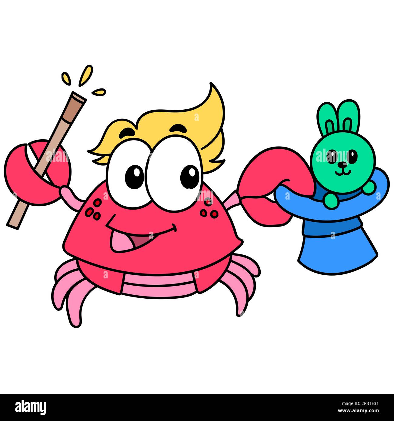The magic crab takes out the rabbit from the magic hat, doodle icon ...