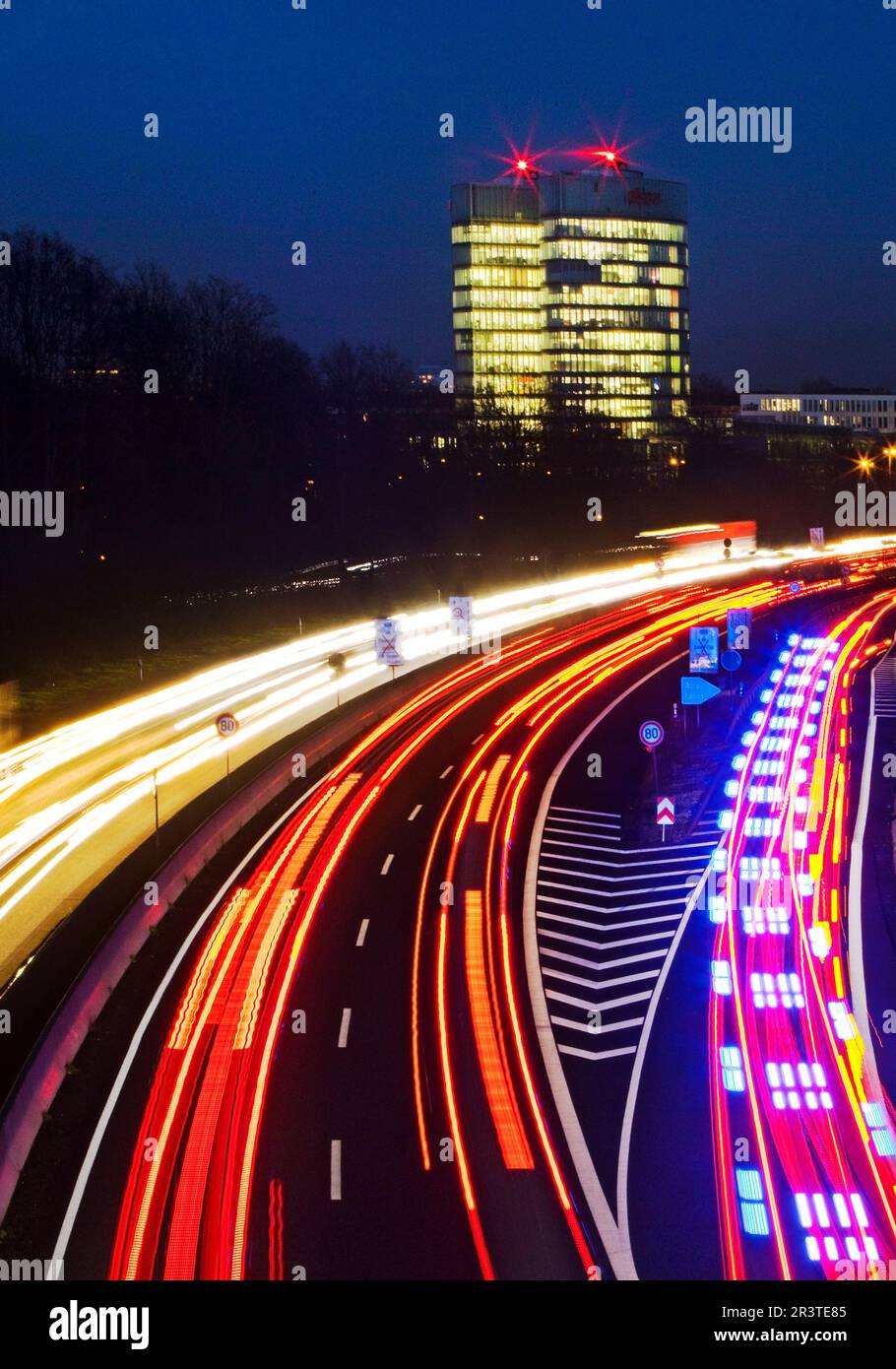 Highway A 52 and the E.ON SE corporate headquarters in the evening ...