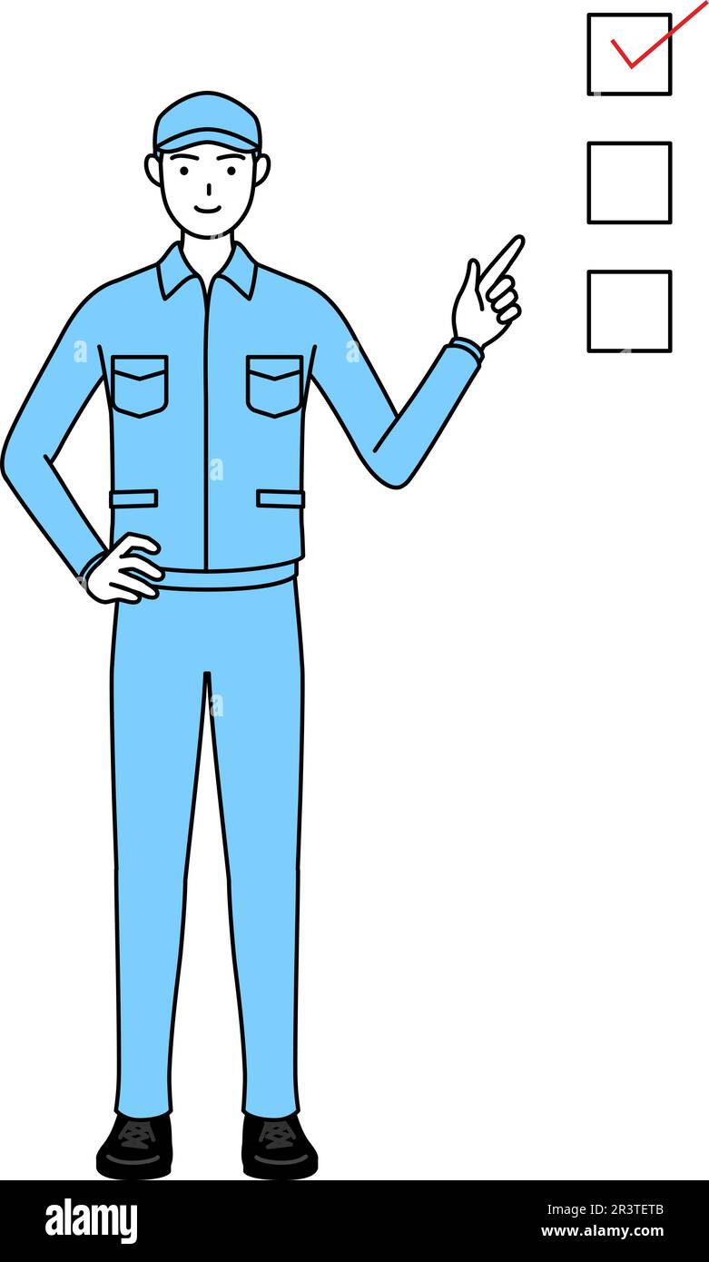 Man in hat and work clothes pointing to a checklist, Vector ...