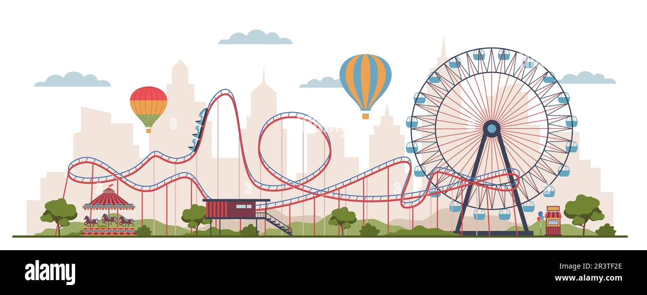 Amusement park panorama. Cartoon flat style isolated roller coaster ...