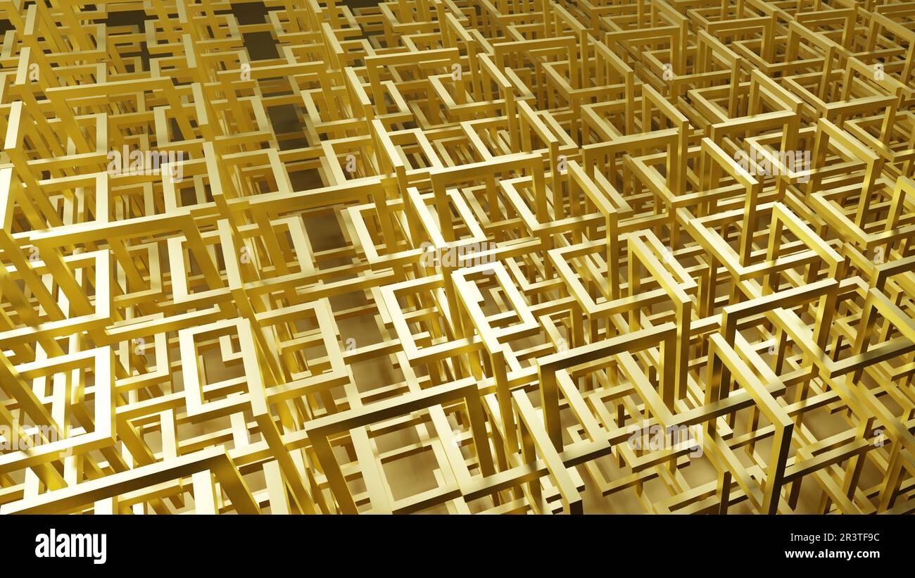 3D rendering of golden geometric mesh with square links segments ...