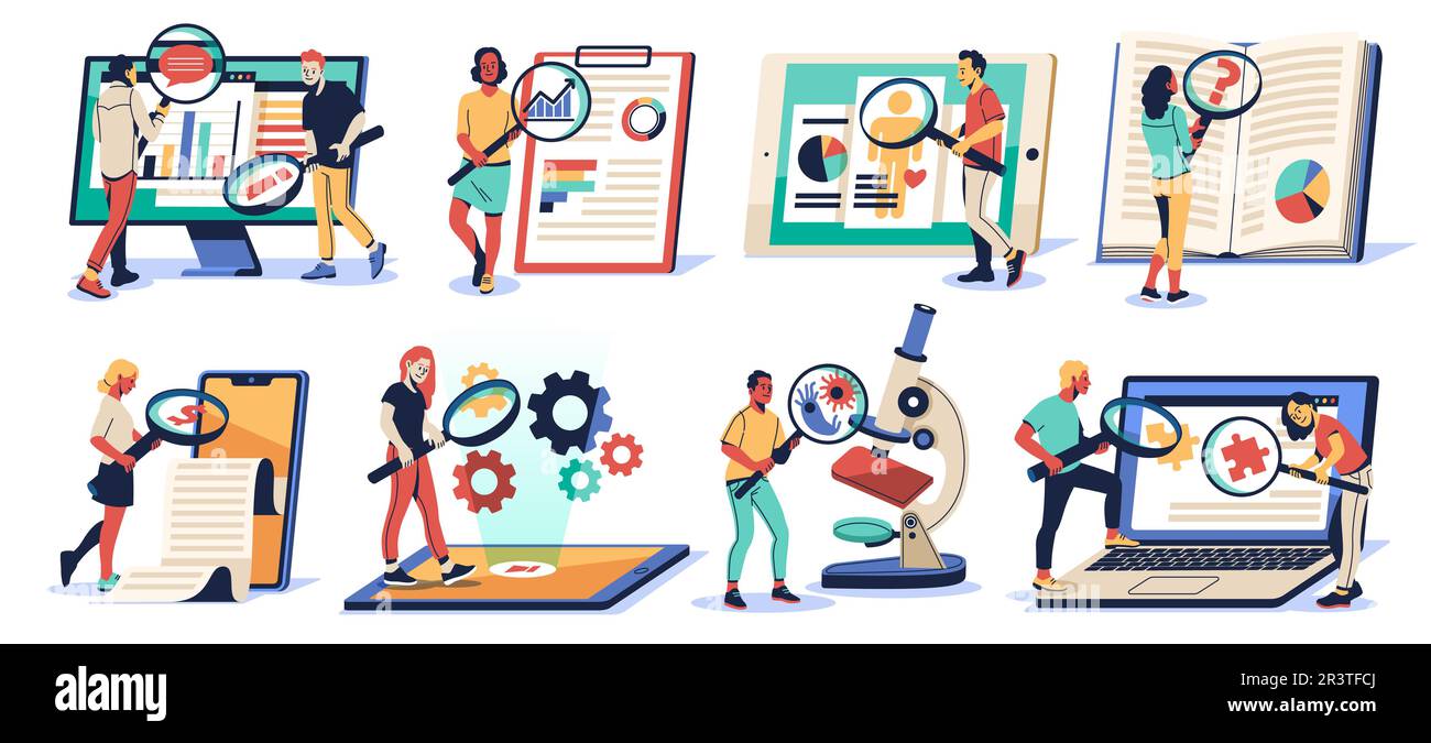 People with magnifying glass. Cartoon characters viewed through loupes ...