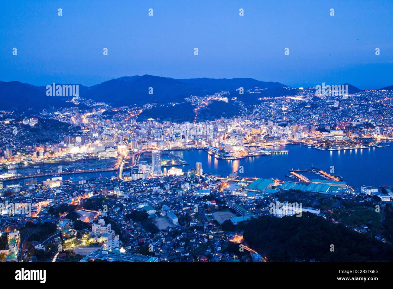 Nagasaki cityscapes skyline over the bay from above at night Stock ...