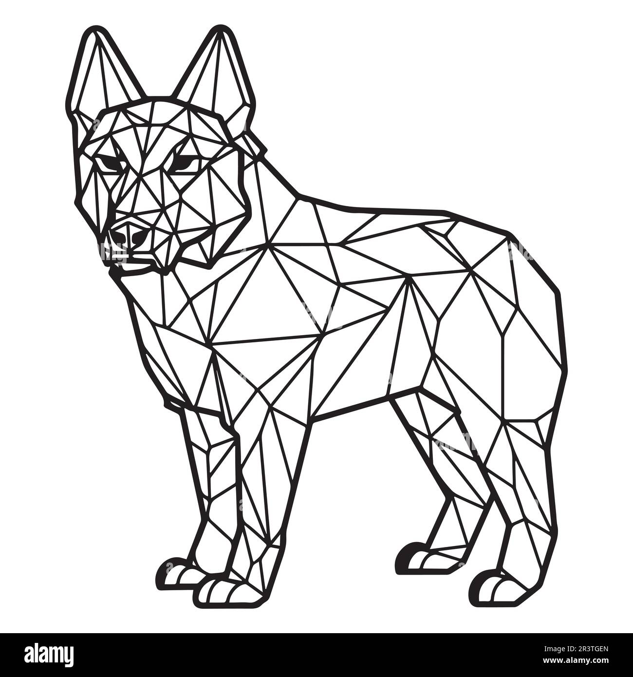 A black and white illustration of a dog with a triangular line art ...
