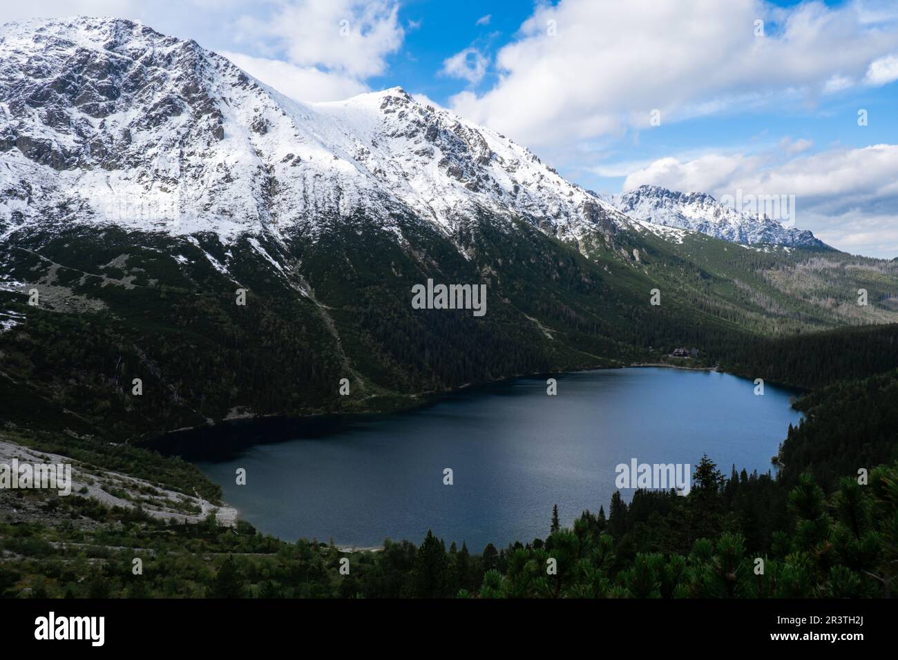 Morskie Oko Snowy Mountain Hut in Polish Tatry mountains, drone view ...