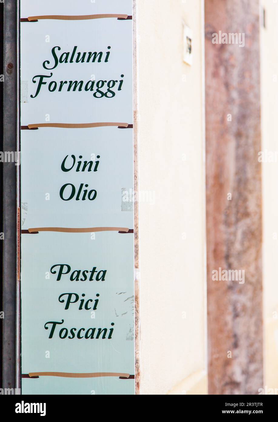 Tuscany region, Italy. A signboard with a list of Italian tipical foods ...