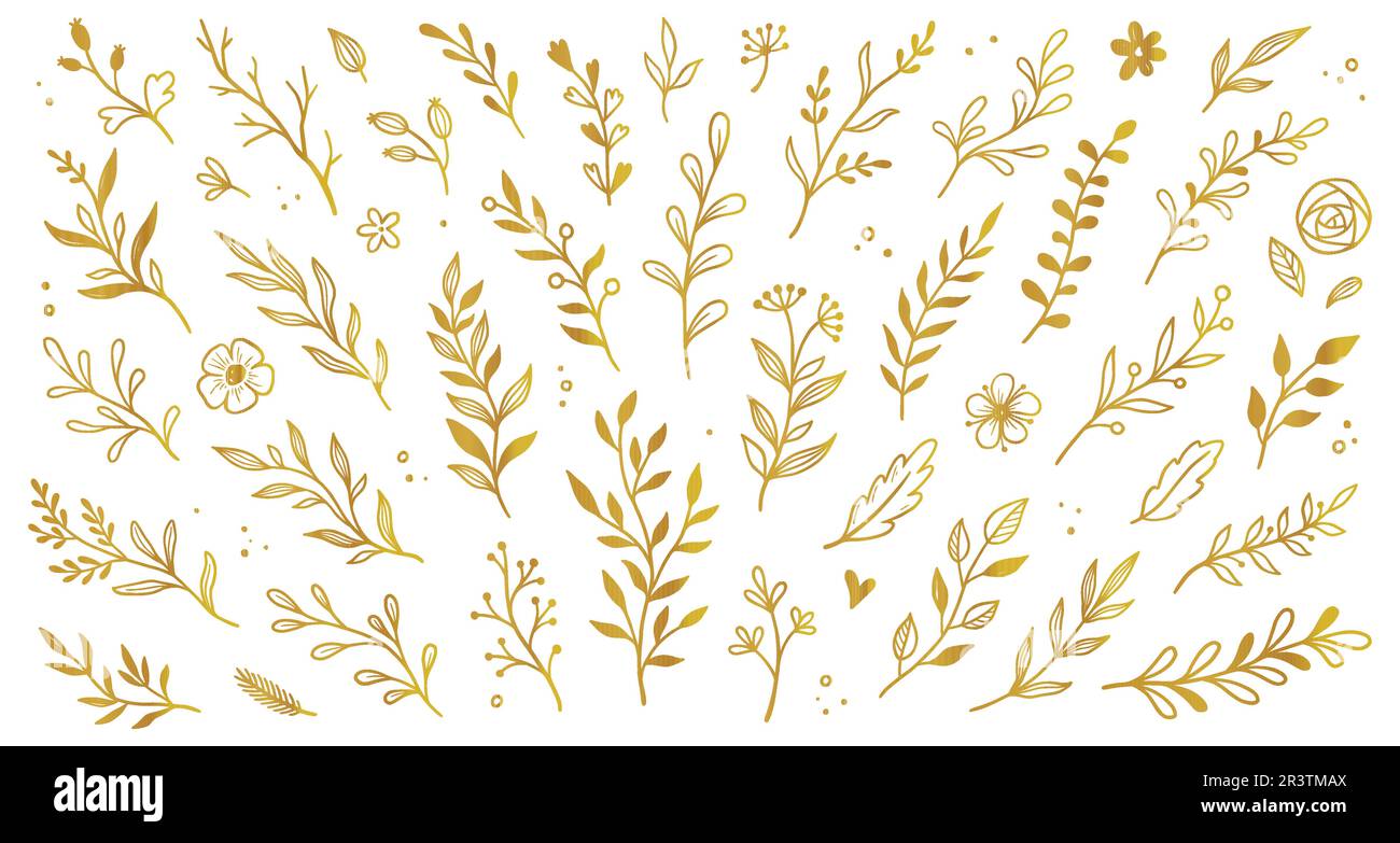 Gold branch leaf element set. Hand drawn sketch doodle golden leaves ...