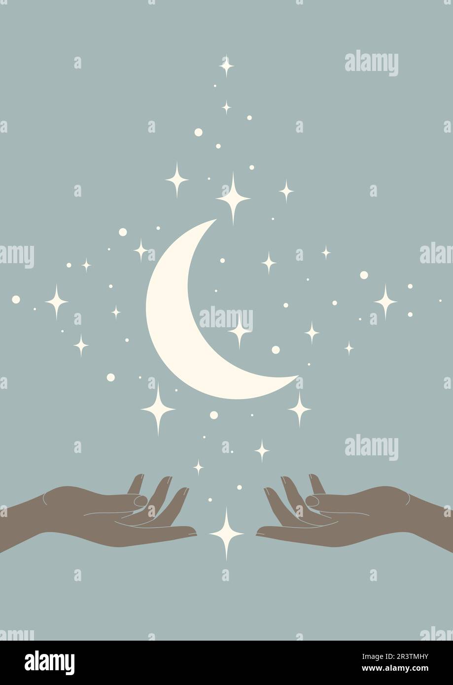 Vector illustration of young moon and stars mystic poster. Outer space ...
