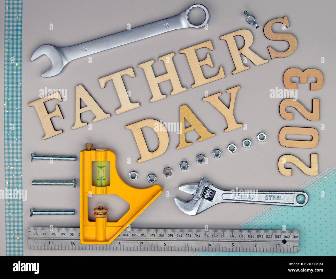 Happy father's day letters on weathered timber with tools layout. Close ...