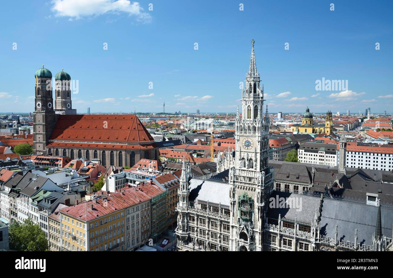 The landmarks of Munich, The Frauenkirche and the town hall at the ...