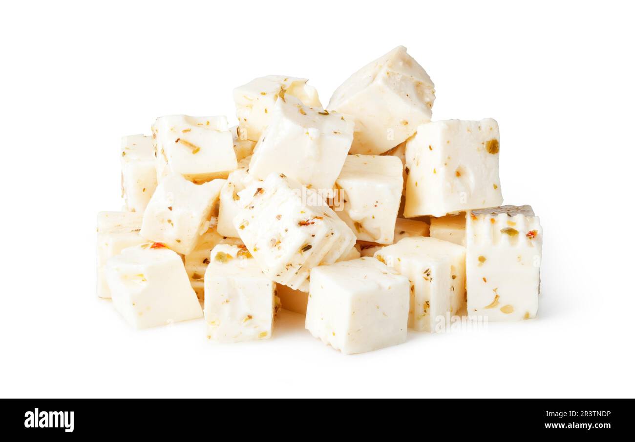 Cubed feta cheese on a white background Stock Photo - Alamy