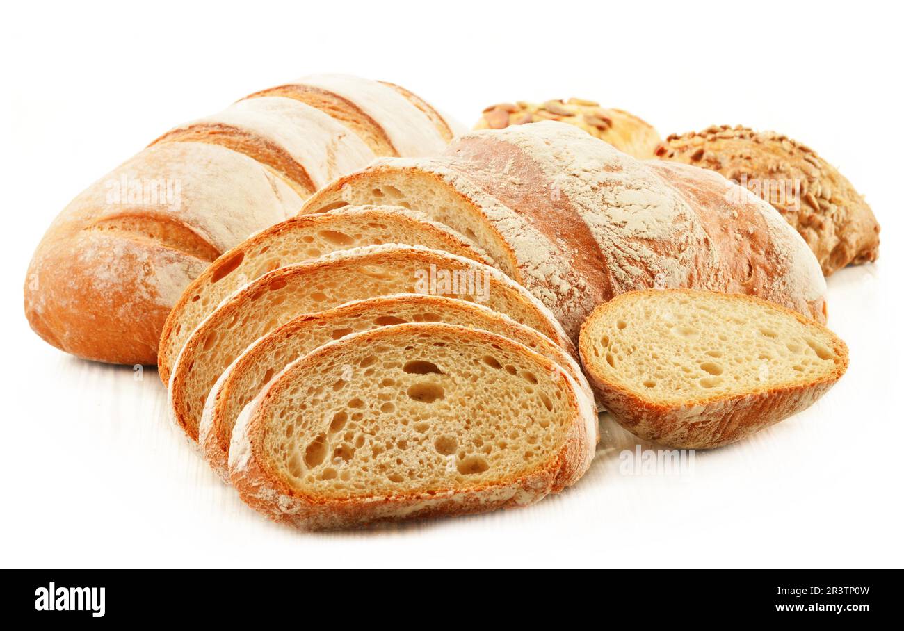 Composition with loafs of bread isolated on white background Stock ...