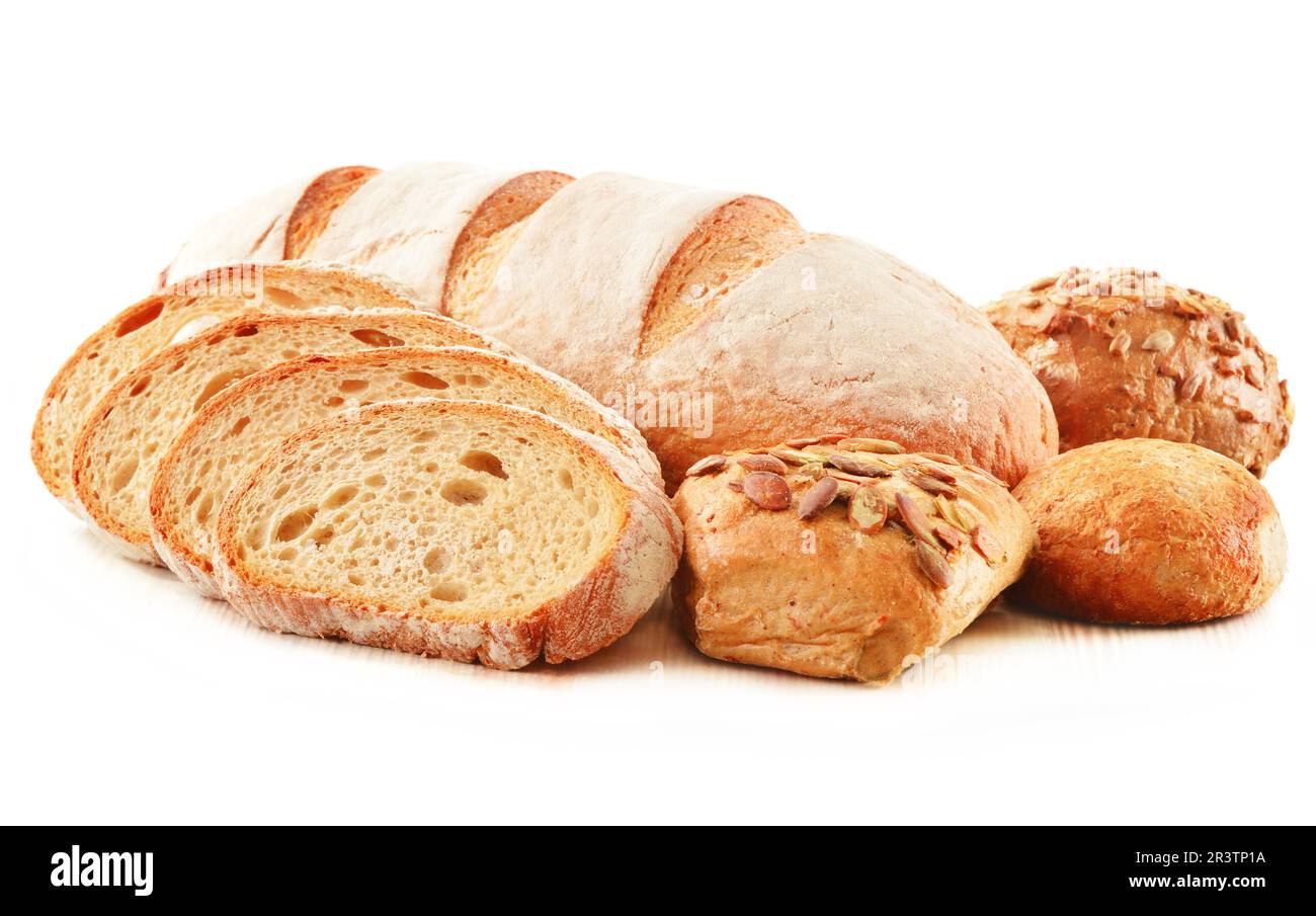 Composition with loafs of bread isolated on white background Stock ...