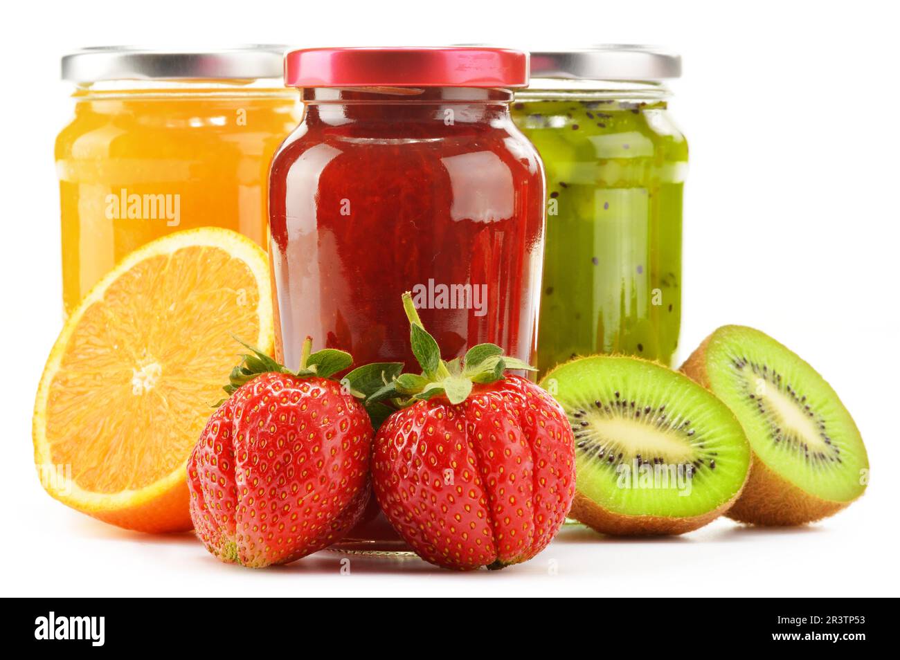 Composition with jars of fruity jams on white. Preserved fruits Stock ...