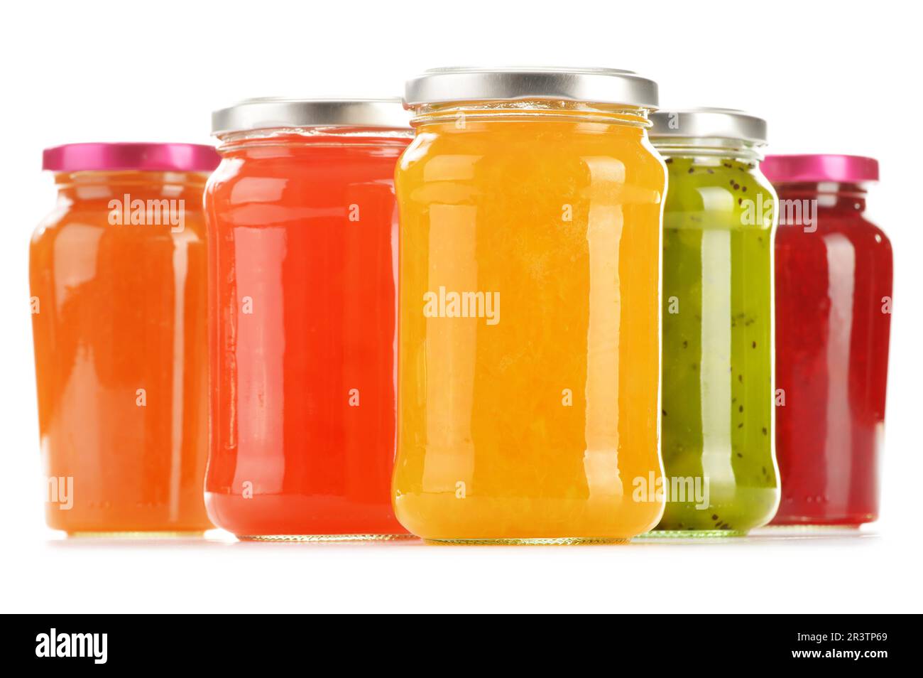 Jars of fruity jams isolated on white background. Preserved fruits ...