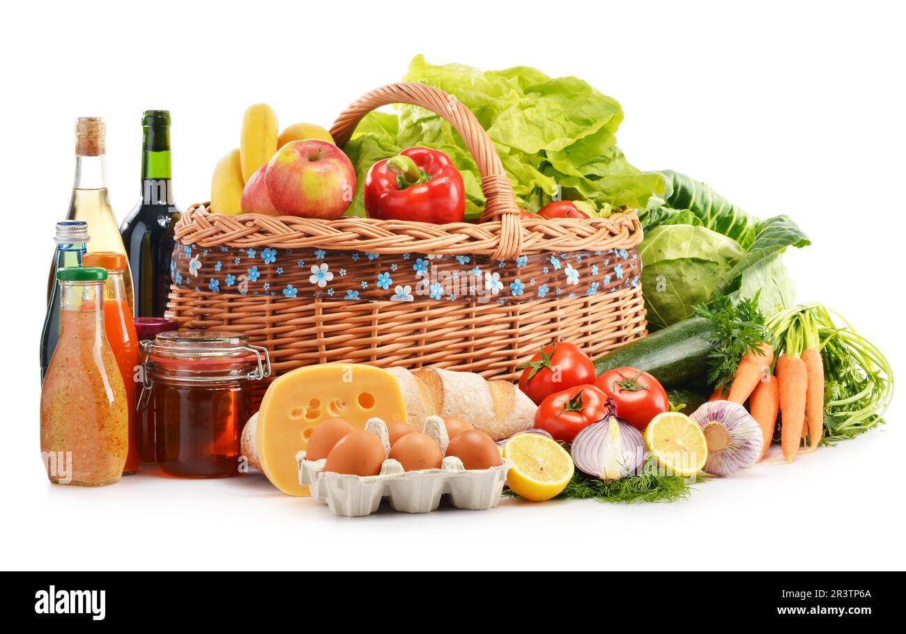 Composition with assorted grocery products isolated on white background ...