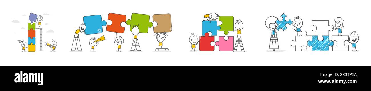 Stick figures. People connecting puzzle elements. Symbol of teamwork ...