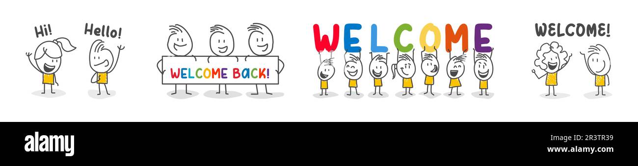 Stick figures. Group of smiling holding colorful letters. Vector banner ...