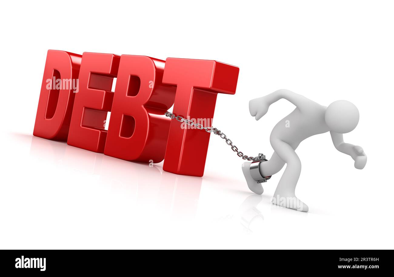 Man pulling debt text Stock Photo - Alamy