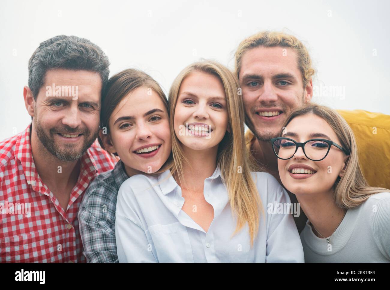 Photo of happy company students best friends making selfies. Group of ...