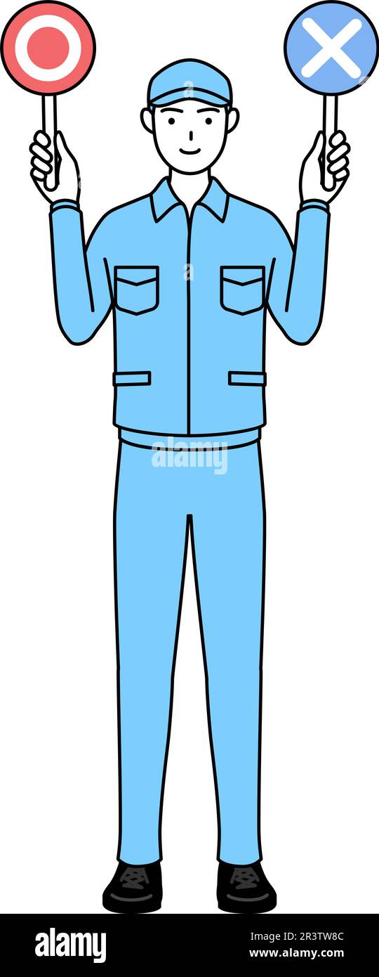 Man in hat and work clothes holding a placard indicating correct and ...