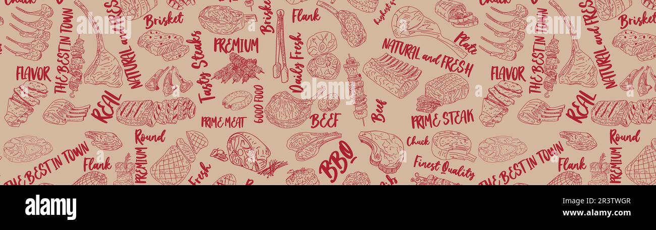 Meat Seamless Pattern Hand Drawn Vector Illustration Carved Style